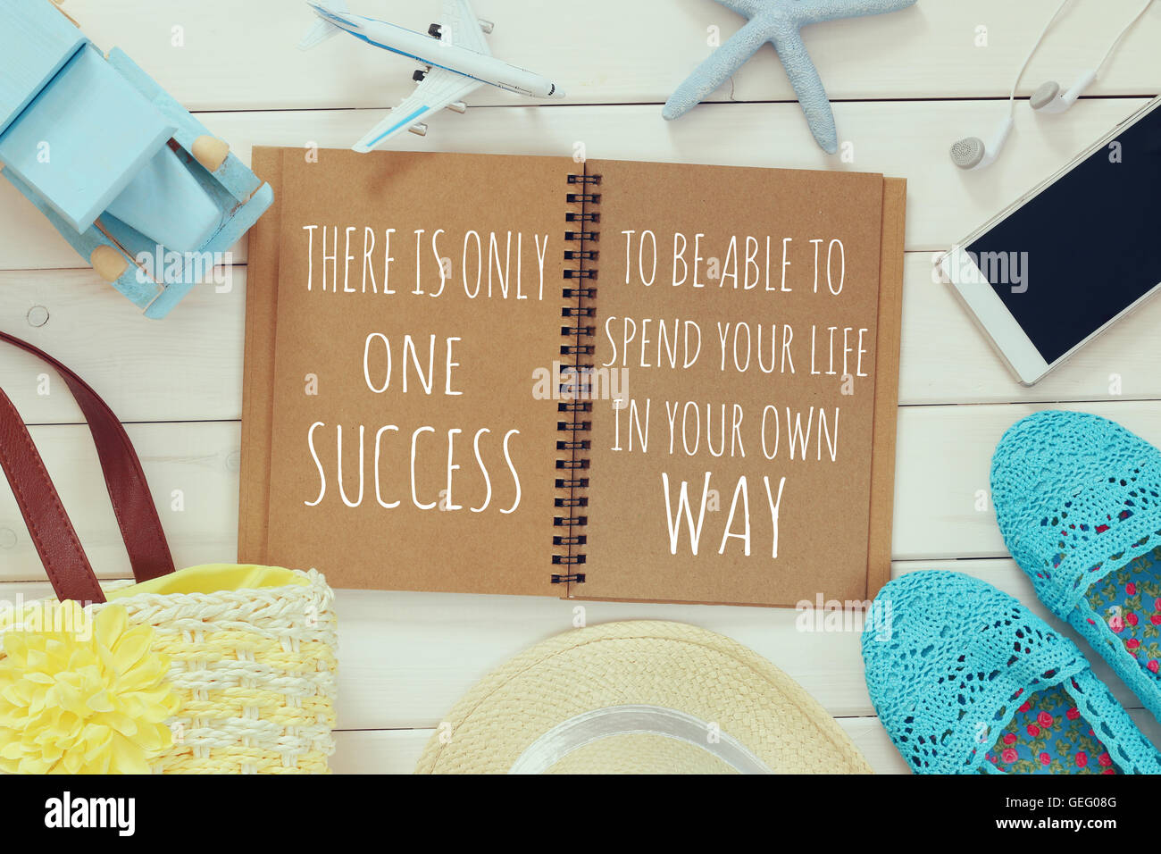open notebook with motivational saying "there is only one success, to ...