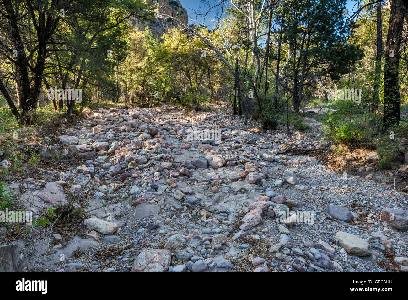 Dry river bed of Cave Creek, damaged with rocks brought from upstream ...