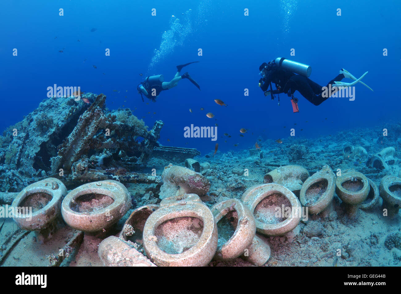 Male Scuba diver looking at the toilets on the Wreck of Yolanda, Shark ...