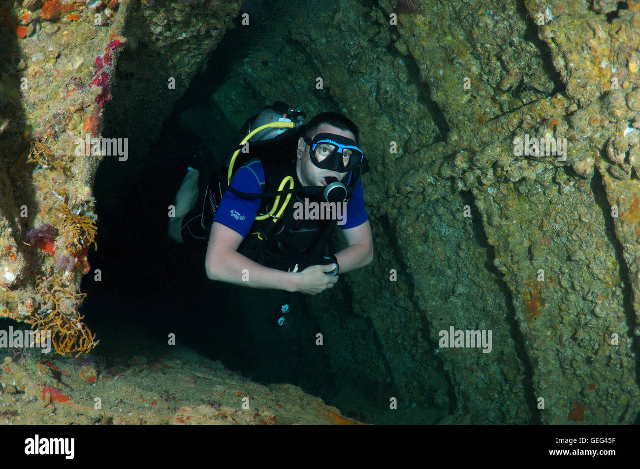 Male scuba diver inside the wreck of the SS Dunraven, Red Sea, Egypt ...