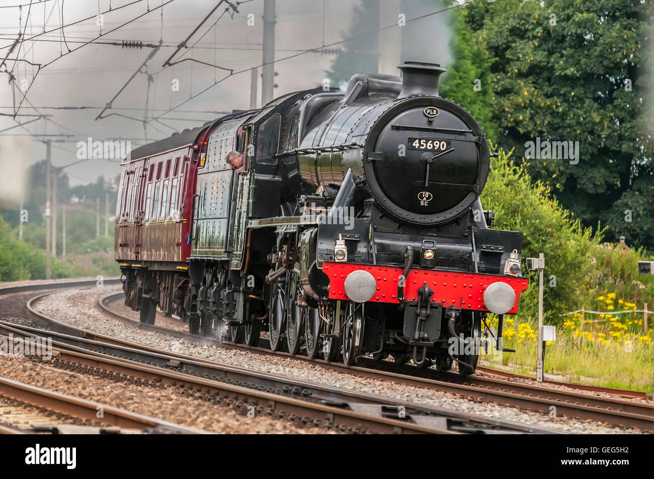 LMS Jubilee Class 6P 4-6-0 no 45690 Leander steam locomotive at speed ...