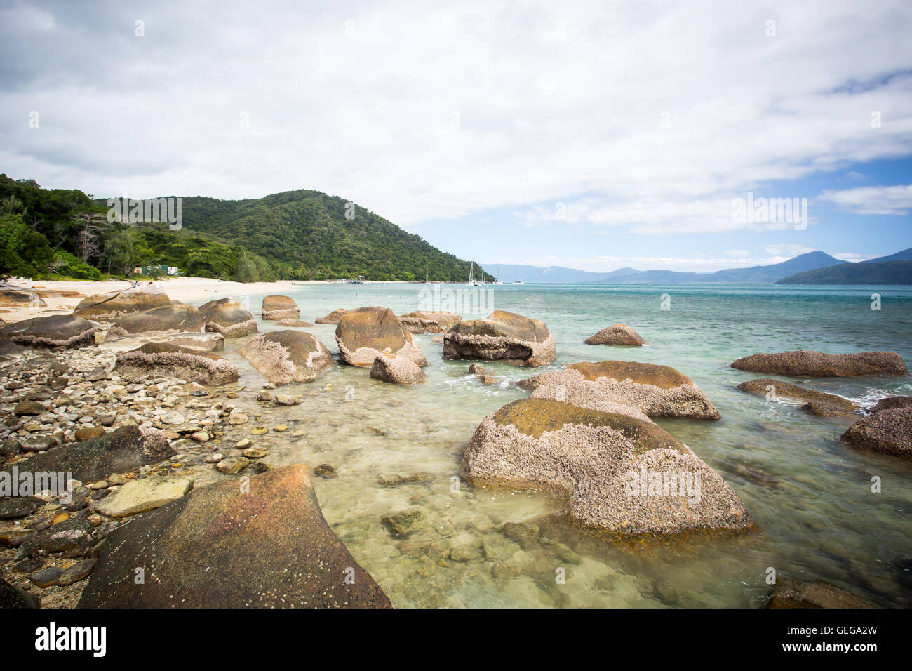 Fitzroy Island main beach area with rocks on a cool winter's day in ...