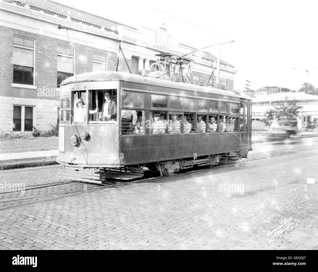 A streetcar in Tampa, Florida, is captured carrying passengers ...