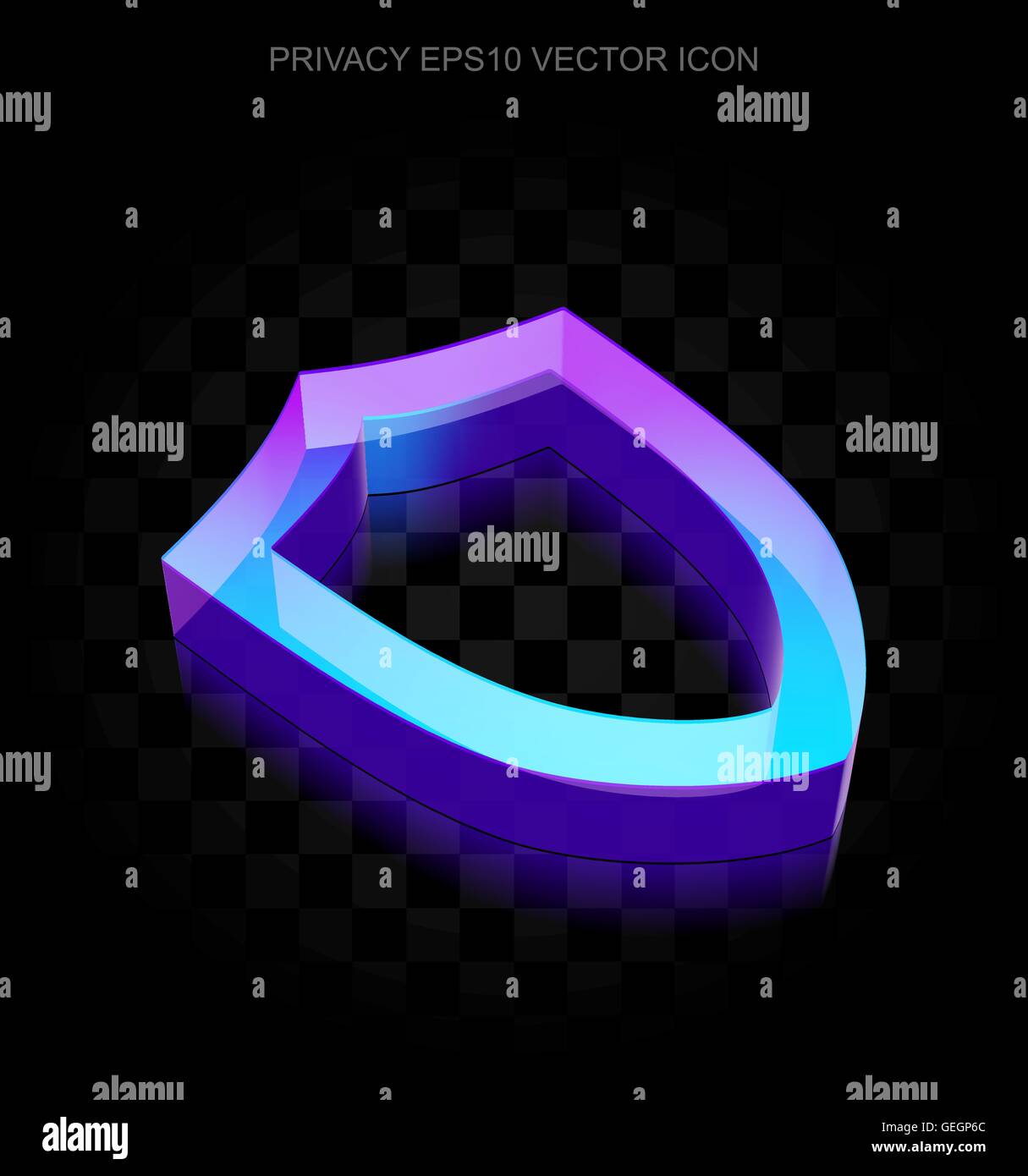 Privacy icon: 3d neon glowing Contoured Shield made of glass, EPS 10 ...