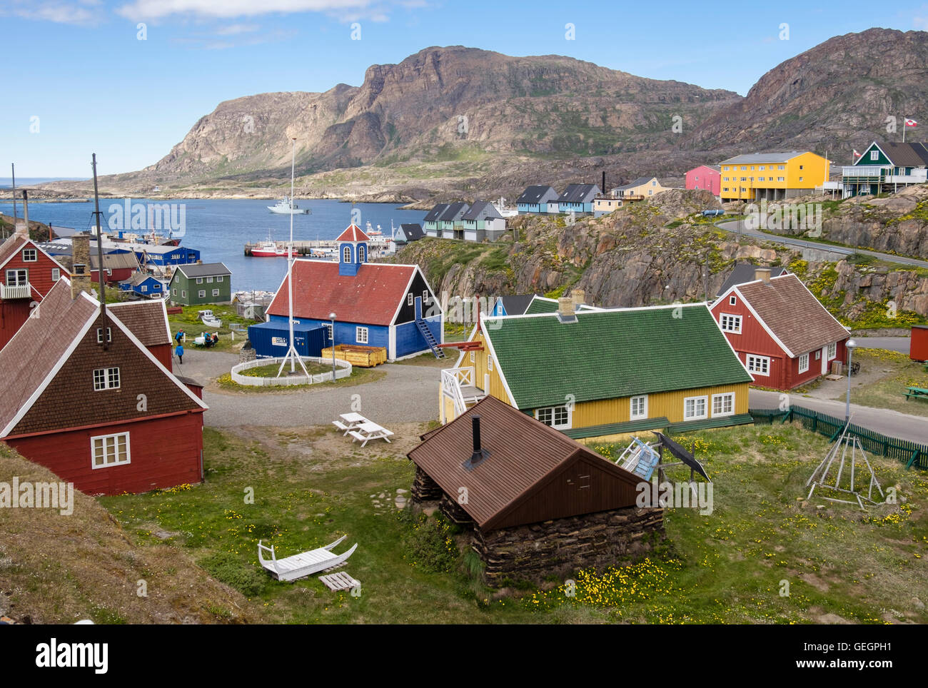 Looking down on museum buildings with Greenlandic Inuit Turf House and ...