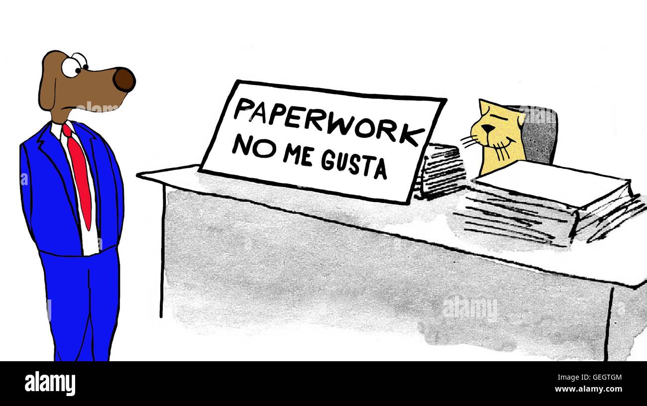Business cartoon about not liking to do paperwork Stock Photo - Alamy