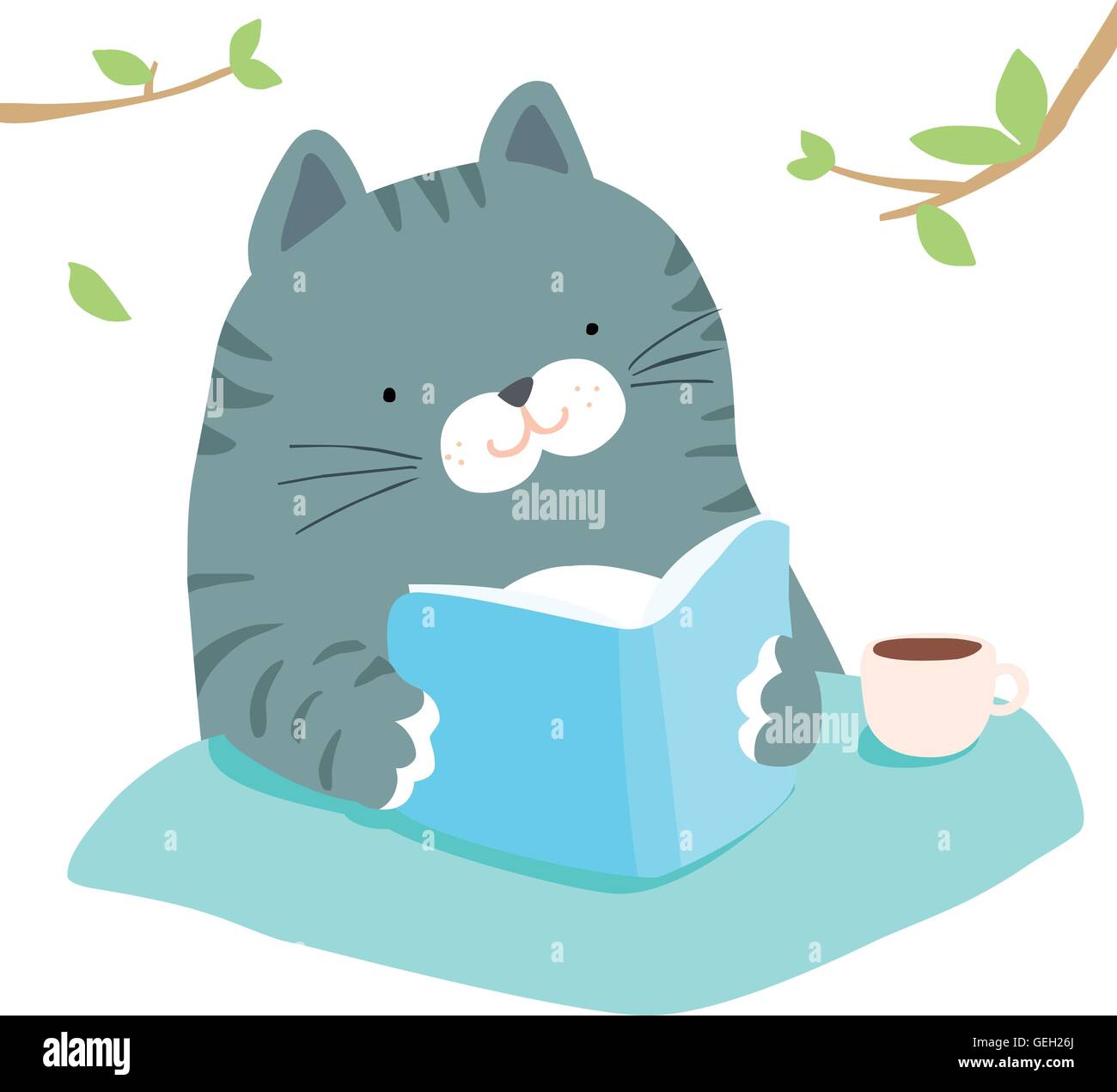fluffy cat reading book in garden vector illustration Stock Vector ...