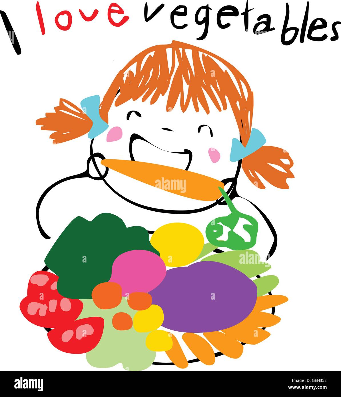 girl love eating fresh veggetable doodle style vector cartoon Stock ...
