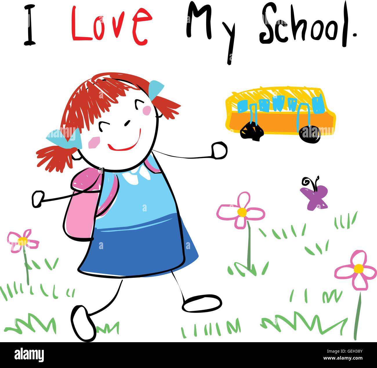 lively girl happy walk to school doodle cartoon vector style Stock ...