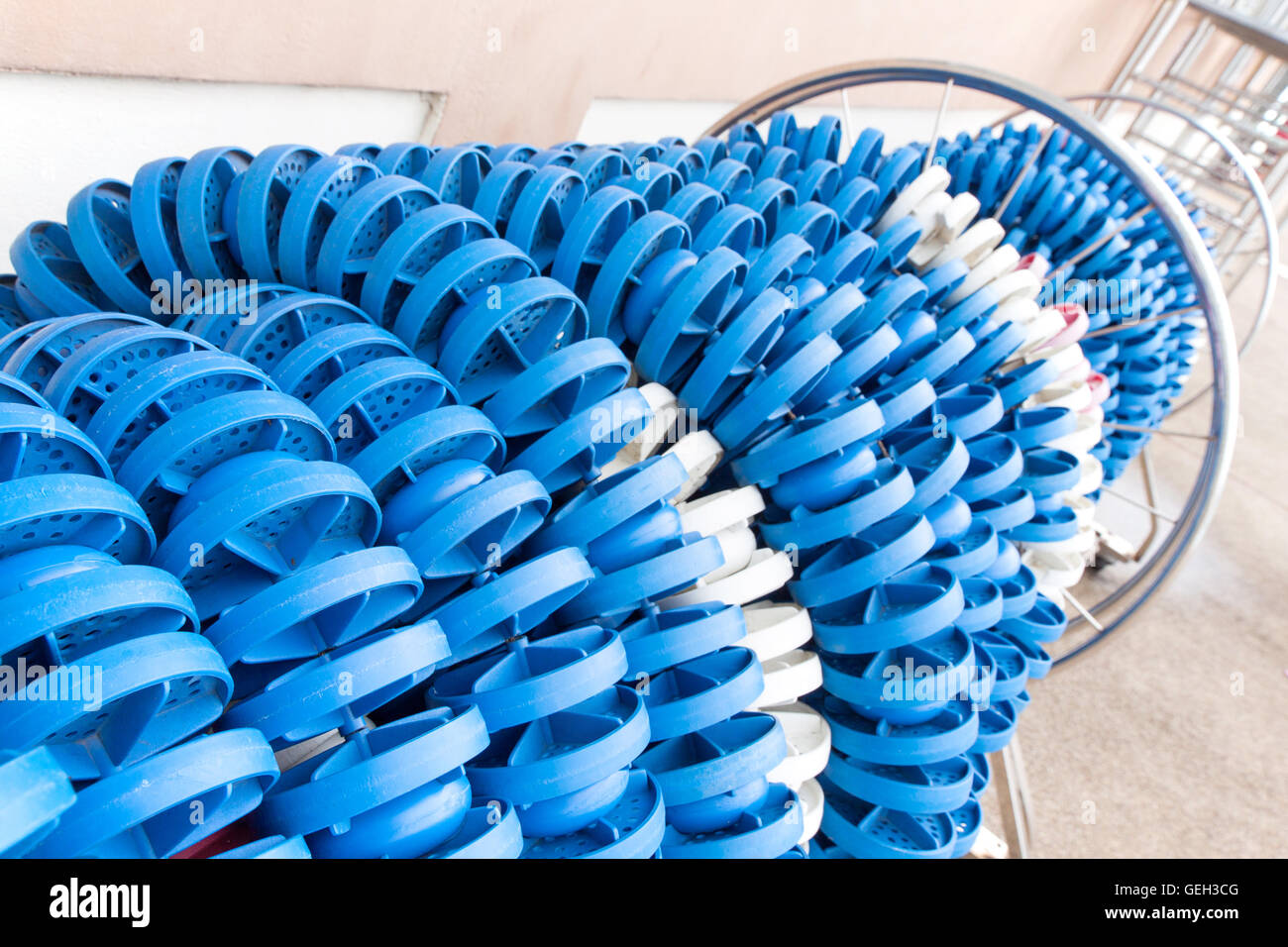 Swimming lanes markers in reel storage inside the pool. Pool lane lines ...