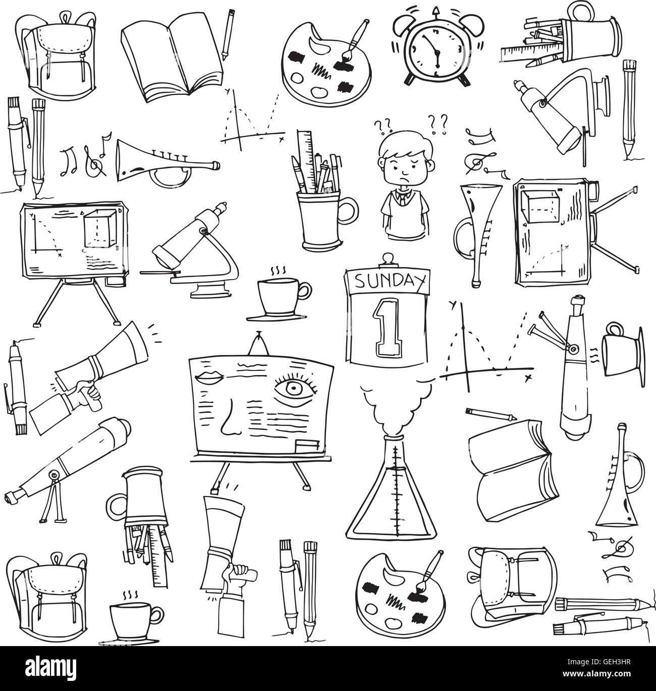 Back school classroom supplies doodles Black and White Stock Photos ...