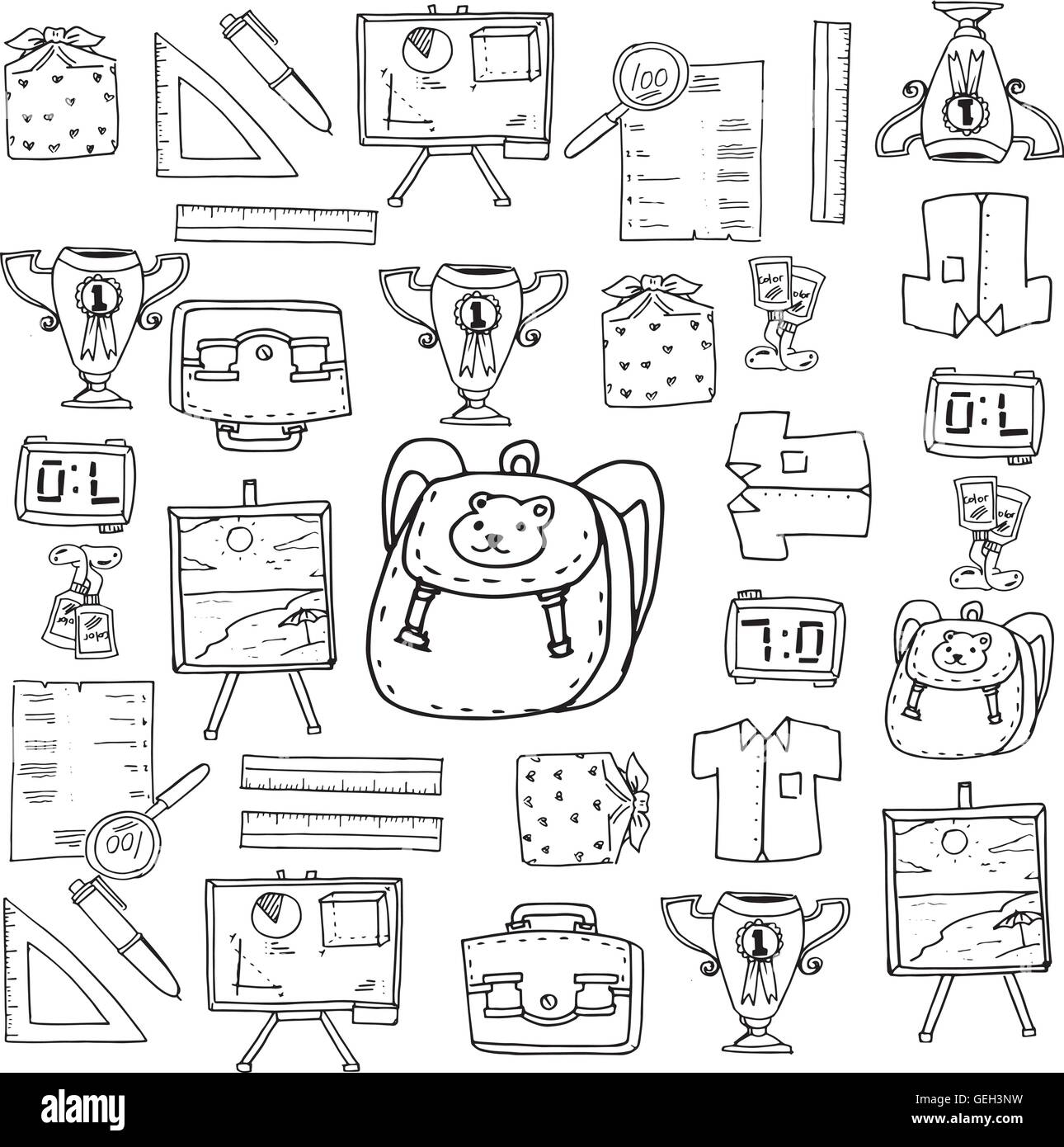 Back school classroom supplies doodles Black and White Stock Photos ...