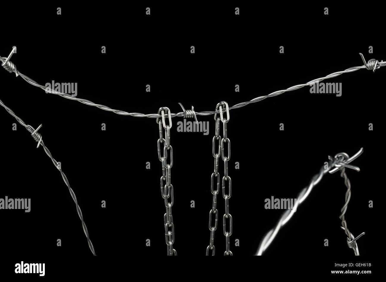 Barbed wire and chain, a human rights and immigration concept Stock ...