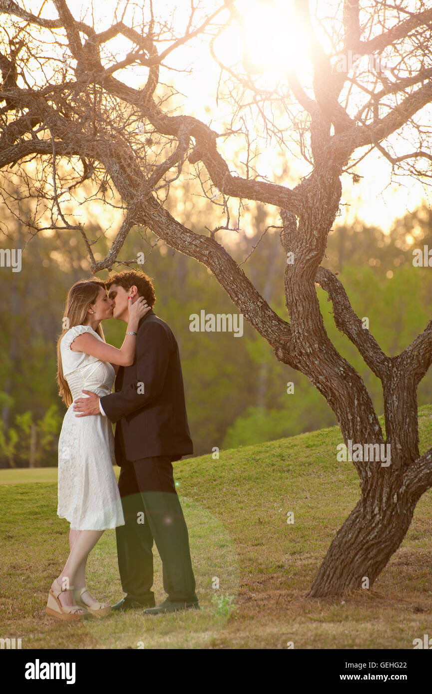 Couple kissing next to a tree at sunset Stock Photo - Alamy