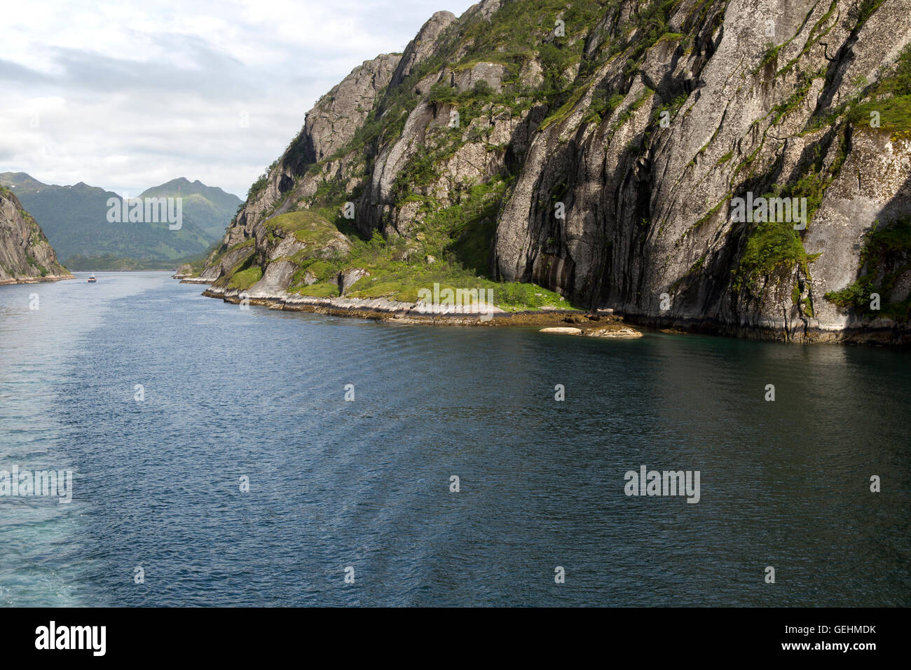 Steep sided glacial trough fiord of Trollfjorden, Lofoten Islands ...