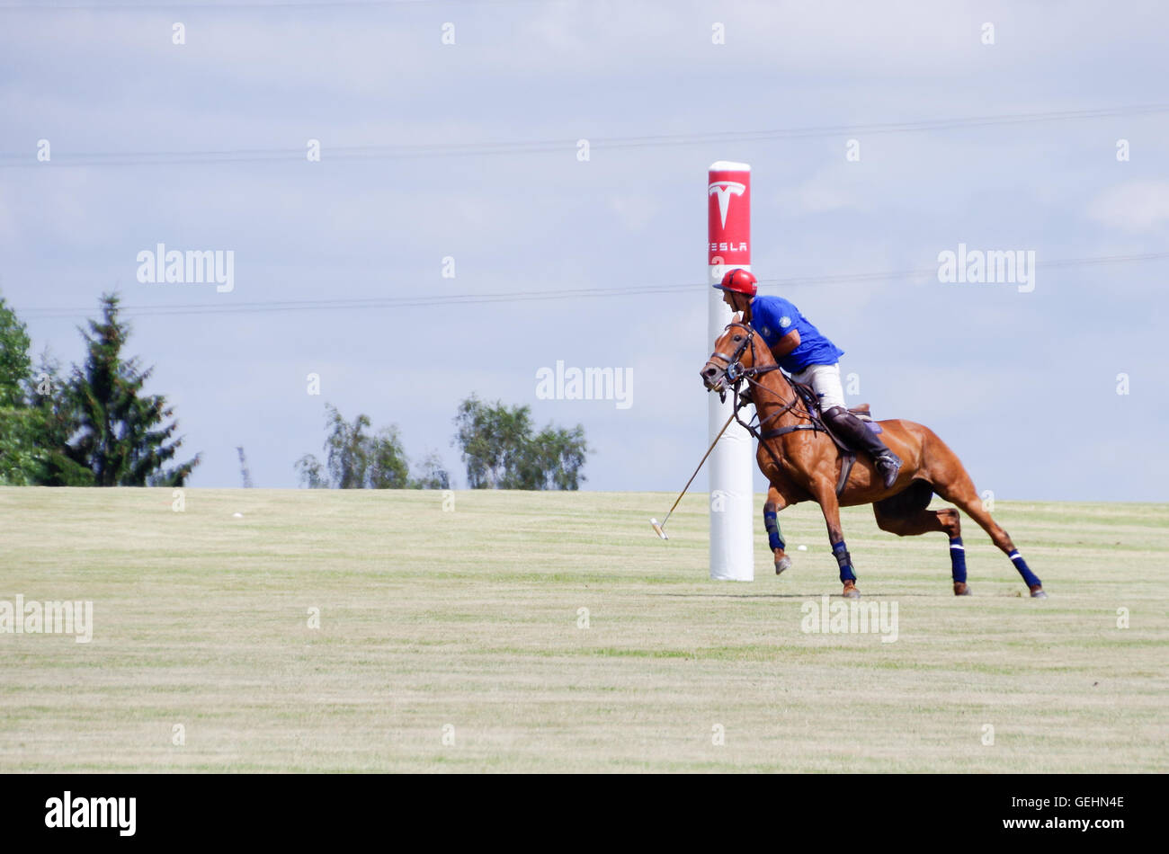 Polo player galloping for the ball near goal poles in Luxembourg polo ...