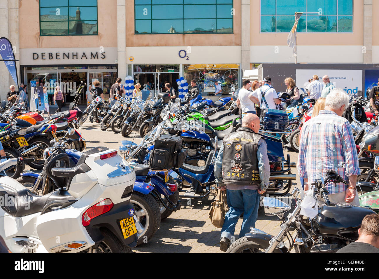 TRURO, CORNWALL, UK - JULY 17, 2016: Rows of motorbikes at Lemon Quay ...