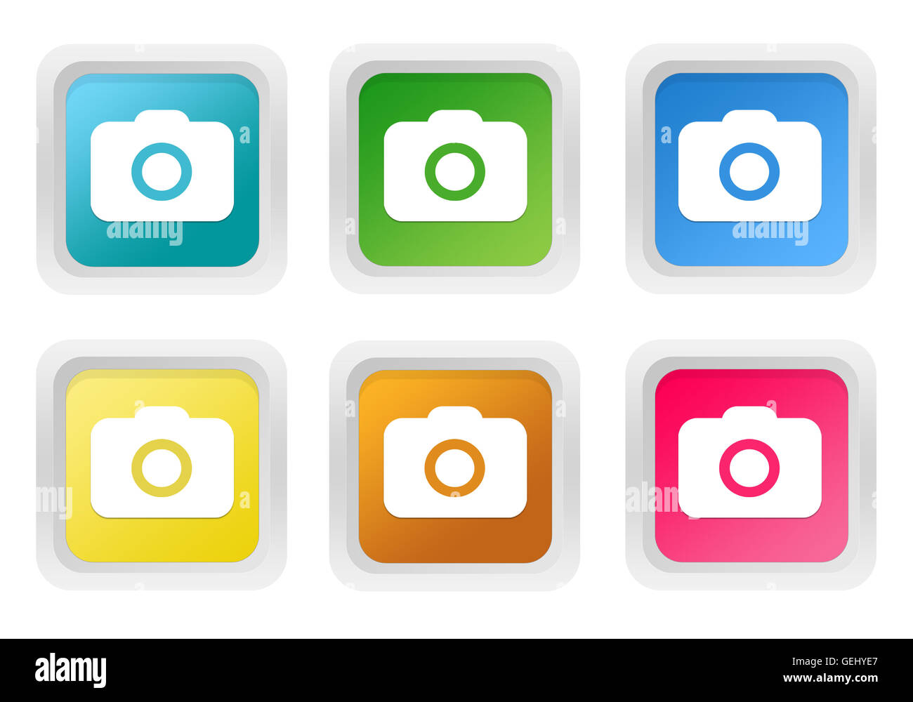 Set of squared colorful buttons with camera symbol in blue, green, pink ...