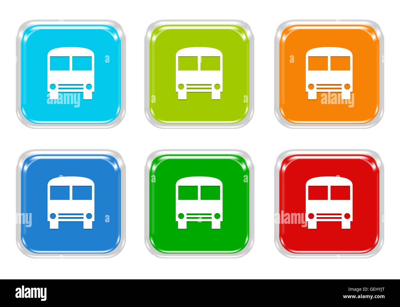 Set of squared colorful buttons with bus symbol in blue, green, red and ...