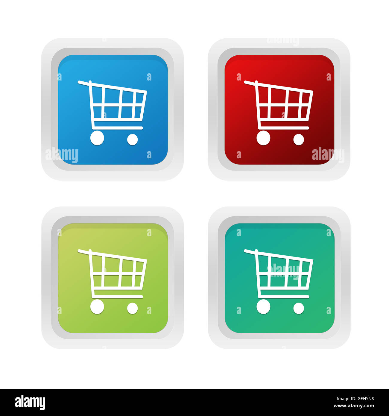 Set of squared colorful buttons with shopping cart symbol in blue ...