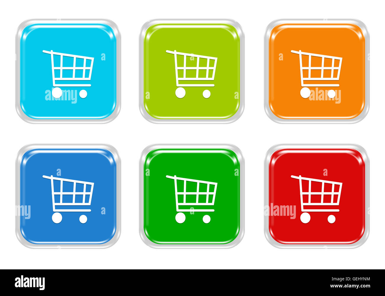 Set of squared colorful buttons with shopping cart symbol in blue ...