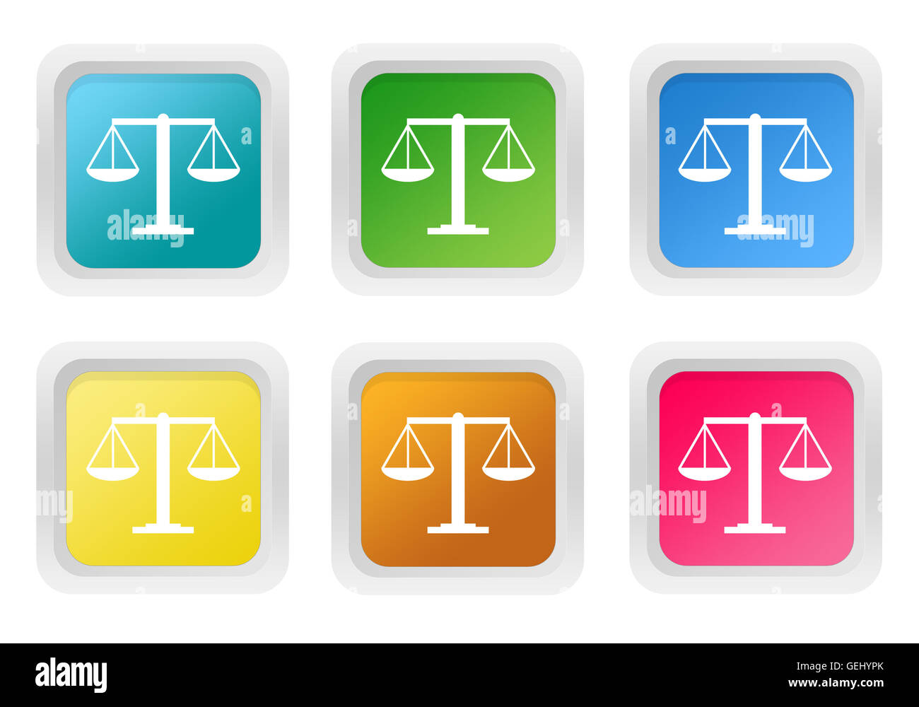 Set of squared colorful buttons with legal symbol in blue, green ...