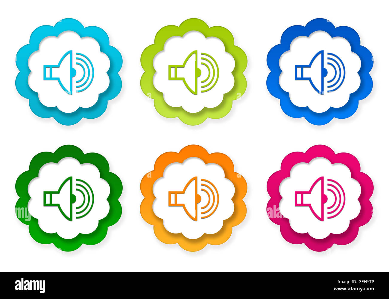 Set of colorful stickers icons with speaker symbol in blue, green, pink ...