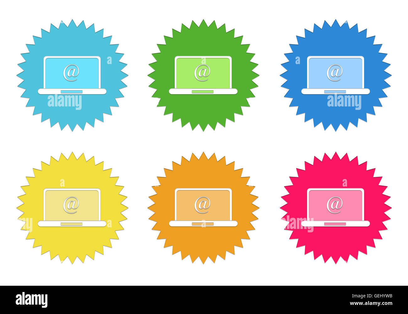 Set of colorful stickers icons with laptop symbol in blue, green ...