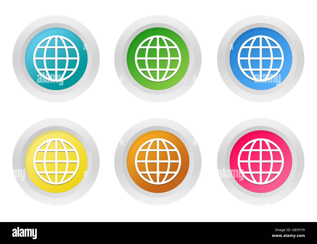 Colorful rounded icons with world symbol in blue, green, yellow, orange ...
