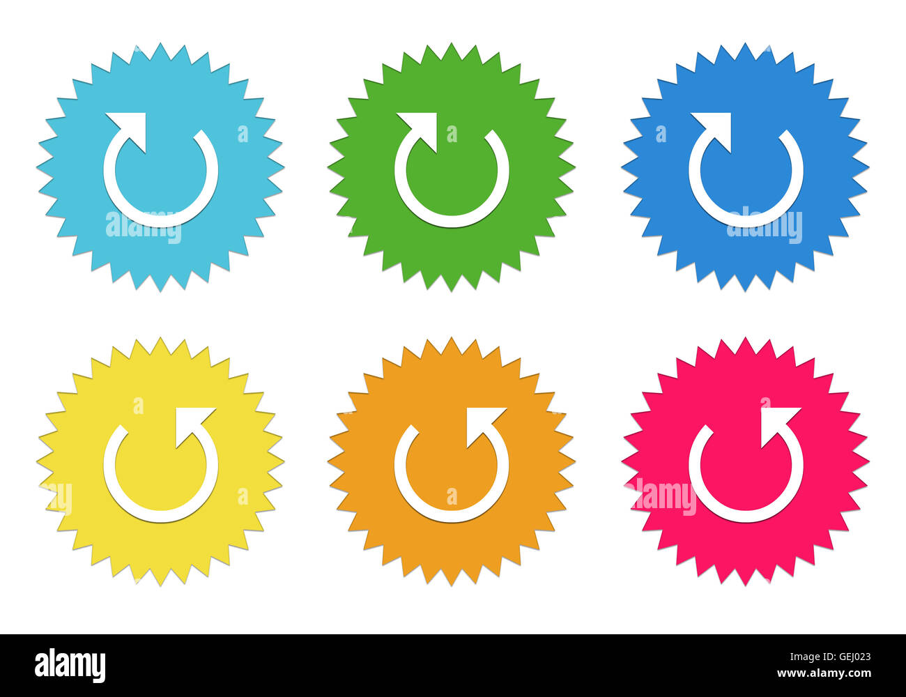 Set of colorful stickers icons with reload symbol in blue, green ...