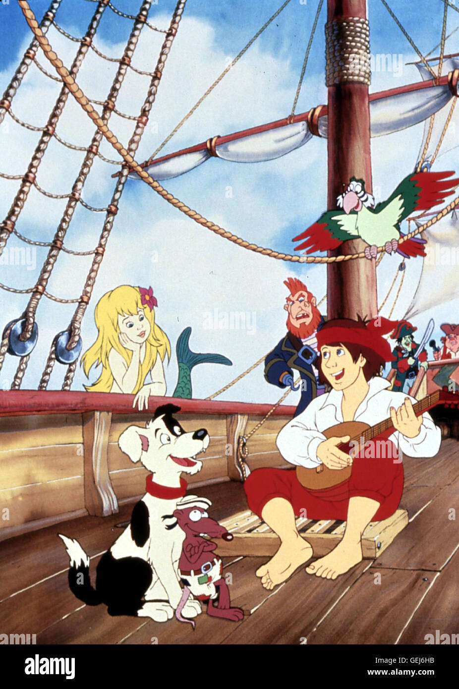 Rotbart mit der Scherenhand (links vom Mast), Papagei Don Poco, die ...