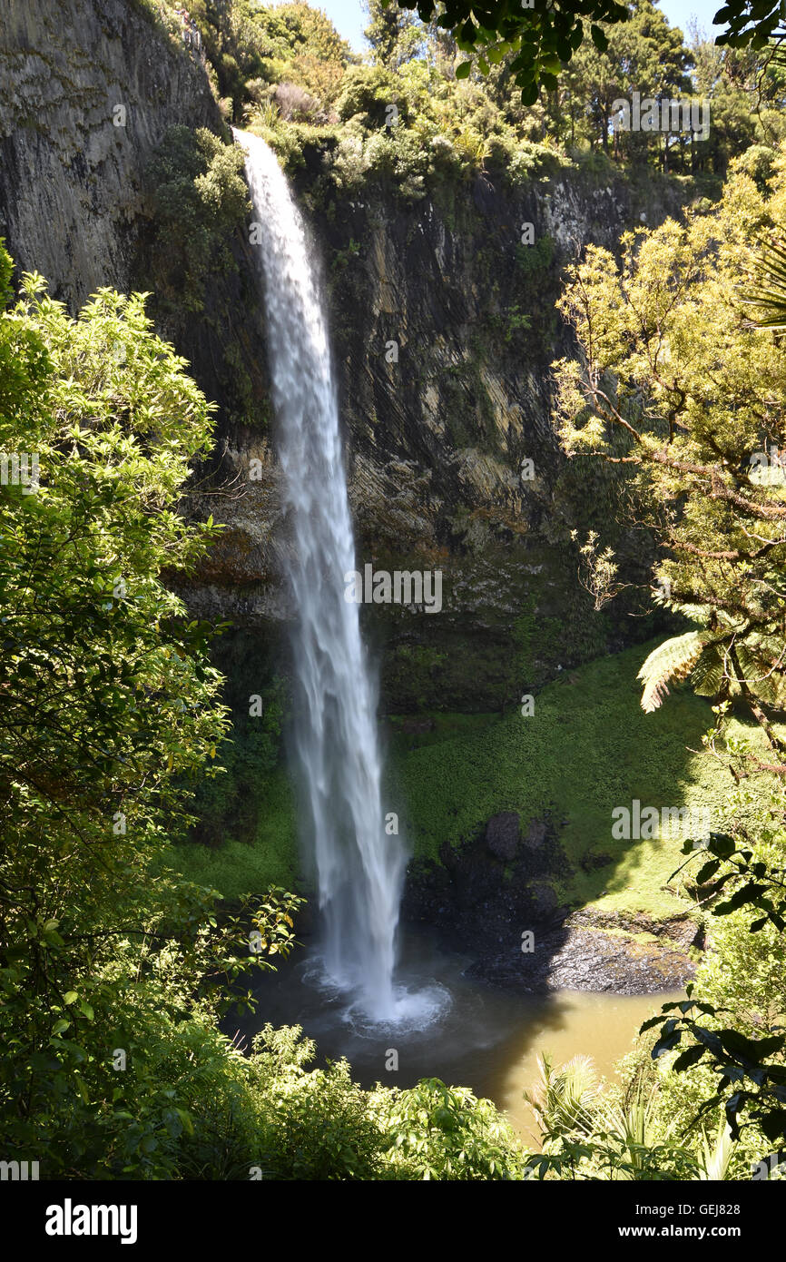 Waterfall pouring water from high rocky cliff into small shallow muddy ...