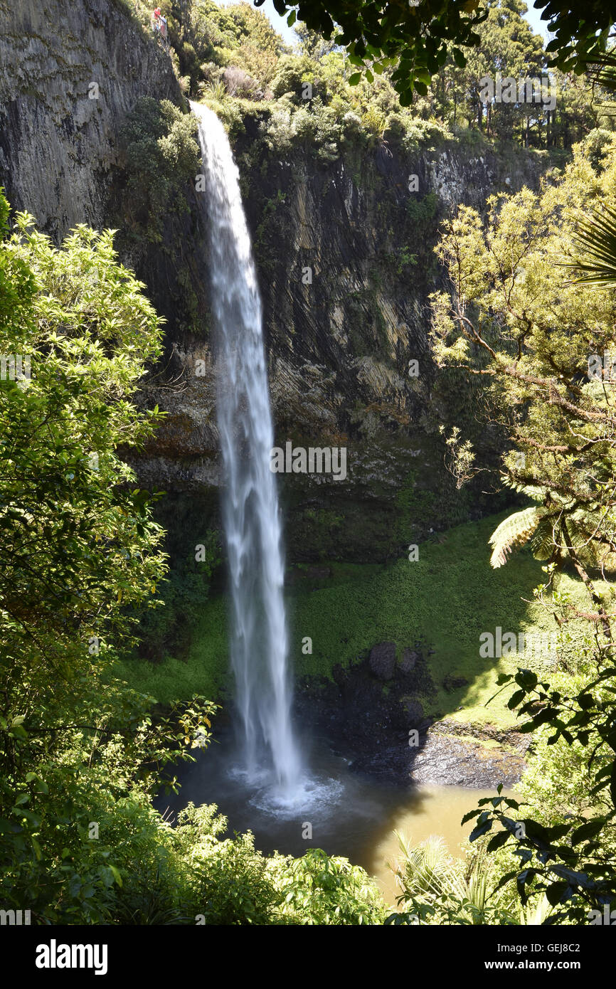 Waterfall pouring water from high rocky cliff into small shallow muddy ...