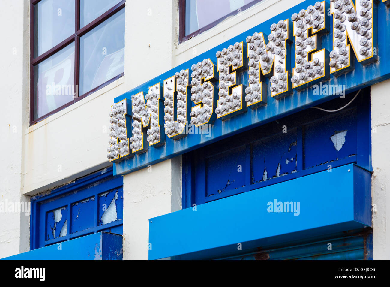 The exterior of an amusement arcade in a british seaside town with qorn ...