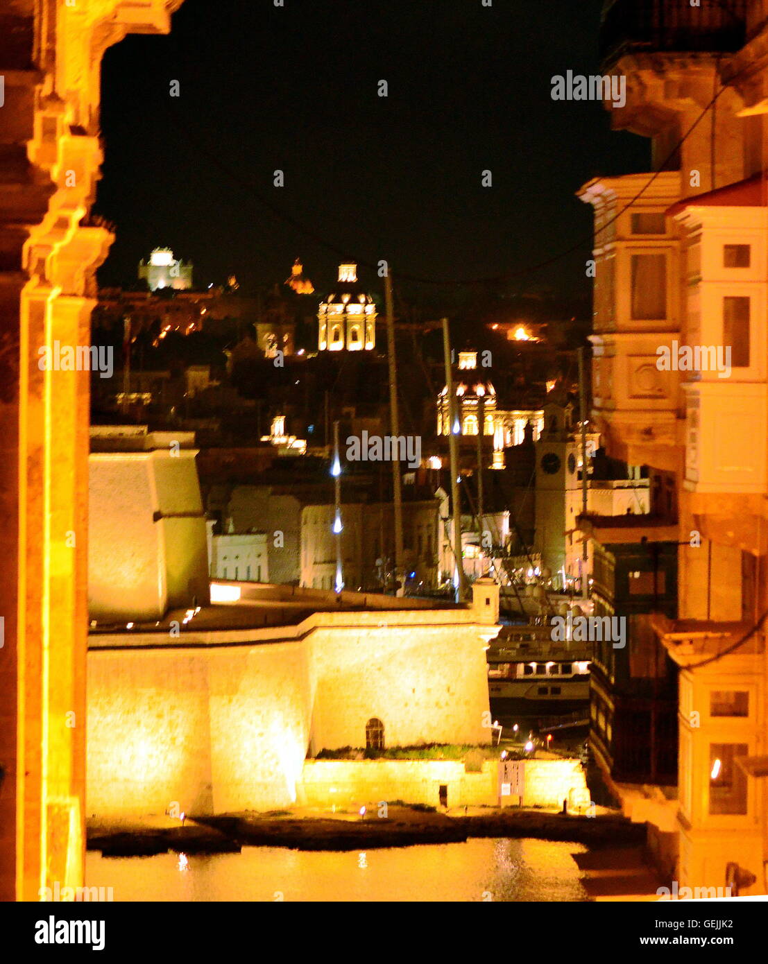 Night view of fort St Michael in Senglea from St John's street in ...