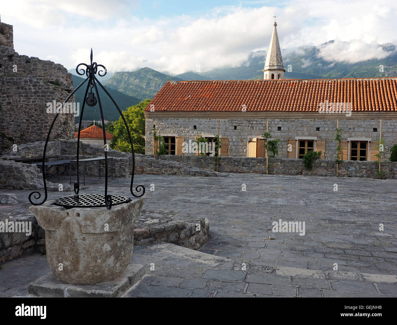 Upper Courtyard of castle within walls of Old Town in Budva Montenegro ...