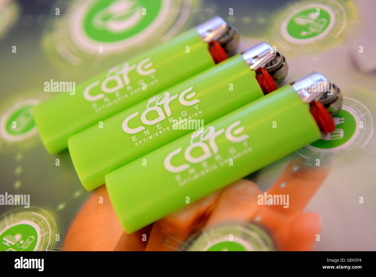 Hamburg, Germany. 14th July, 2016. Lighters with the logo of the Care ...