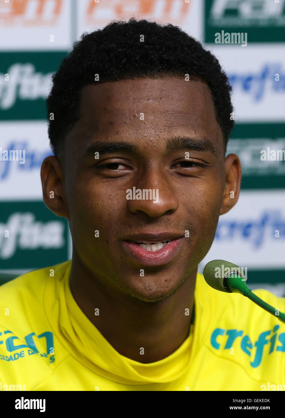 The player Matheus Sales of SE Palmeiras, gives a press conference ...