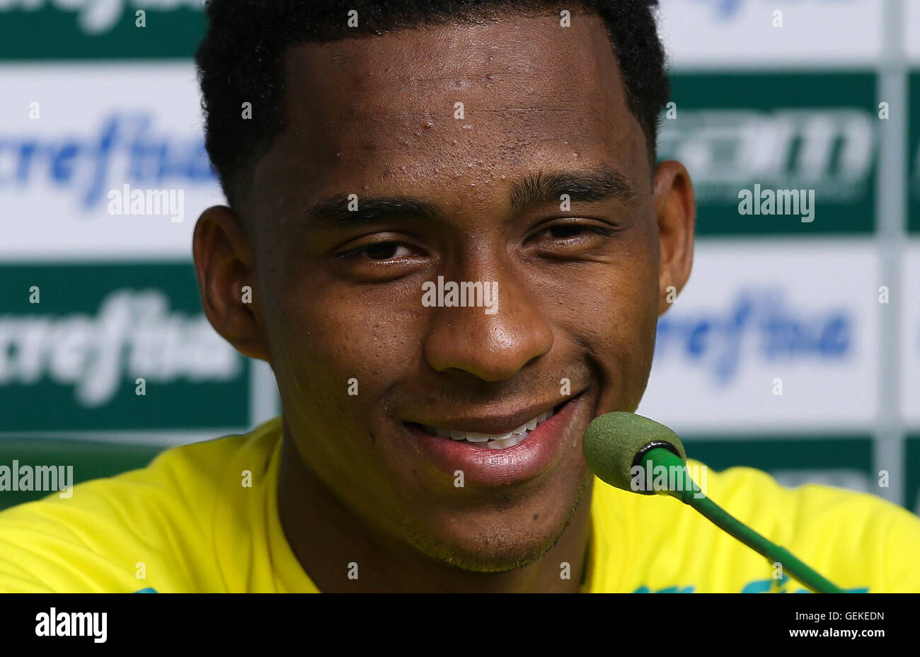 The player Matheus Sales of SE Palmeiras, gives a press conference ...