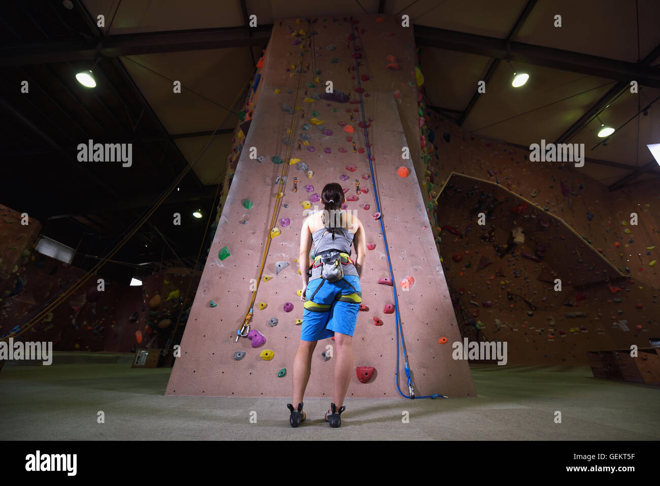 Japanese climbing athlete getting ready to climb gym wall Stock Photo ...