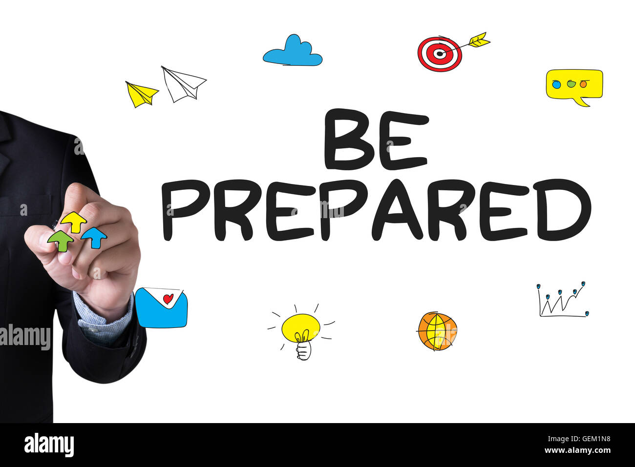 BE PREPARED concept and Businessman drawing Landing Page on white ...