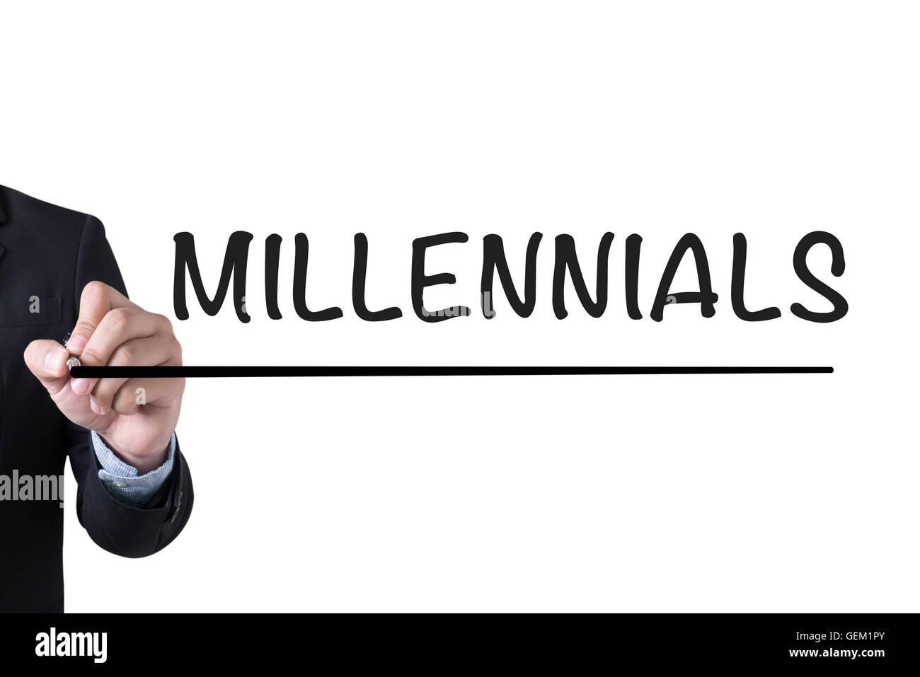 MILLENNIALS Businessman hand writing with black marker on white ...