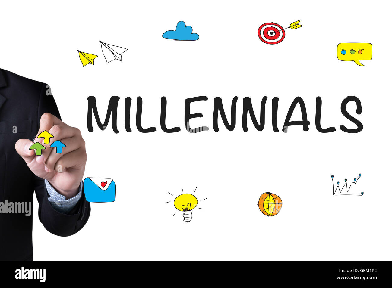 MILLENNIALS and Businessman drawing Landing Page on white background ...