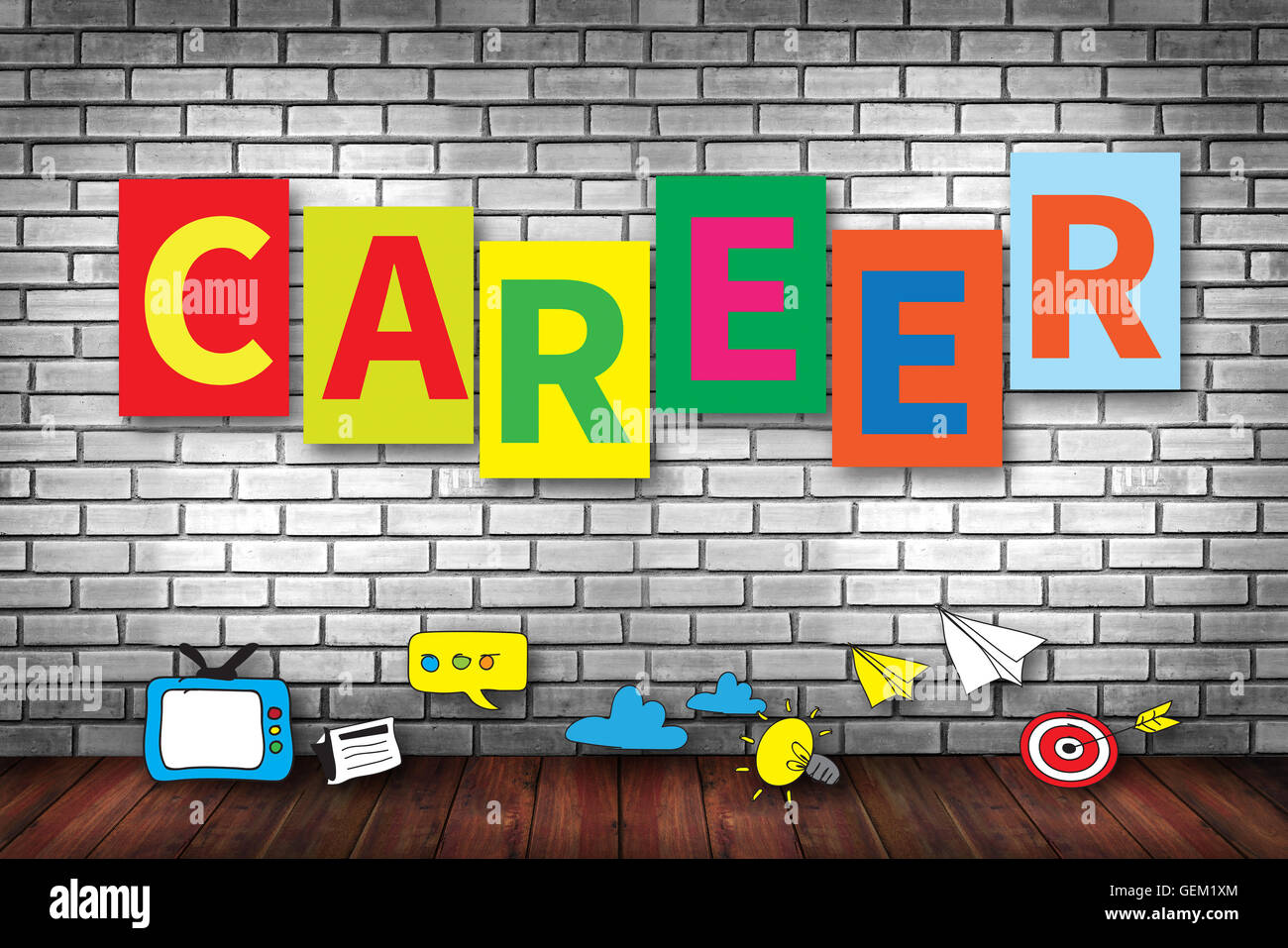 CAREER on brick wall and wood floor background Stock Photo - Alamy