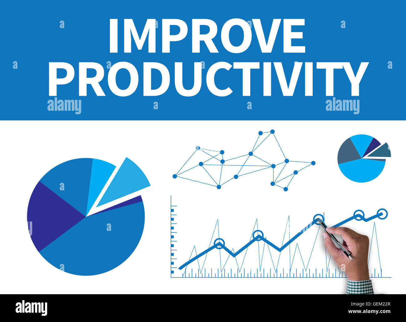 IMPROVE PRODUCTIVITY businessman work on white broad, top view Stock ...