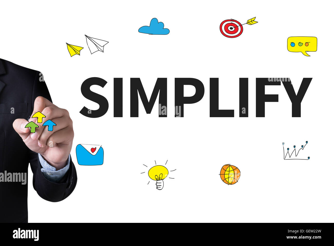 SIMPLIFY and Businessman drawing Landing Page on white background Stock ...