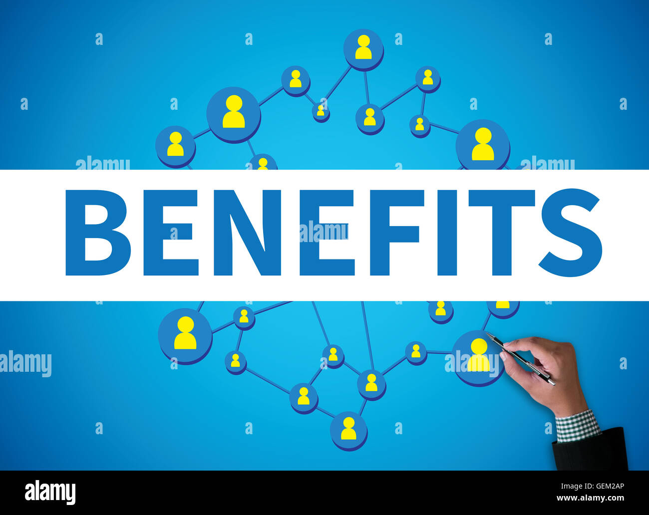 BENEFITS businessman work on white broad, top view Stock Photo - Alamy