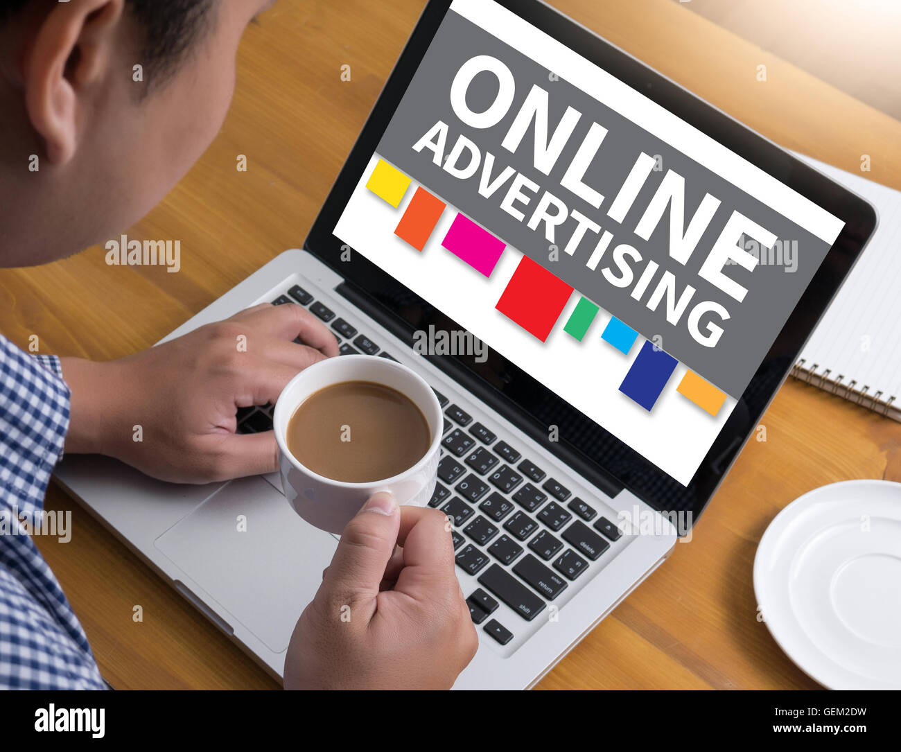 ONLINE ADVERTISING Businessman at work. Close-up top view of man ...