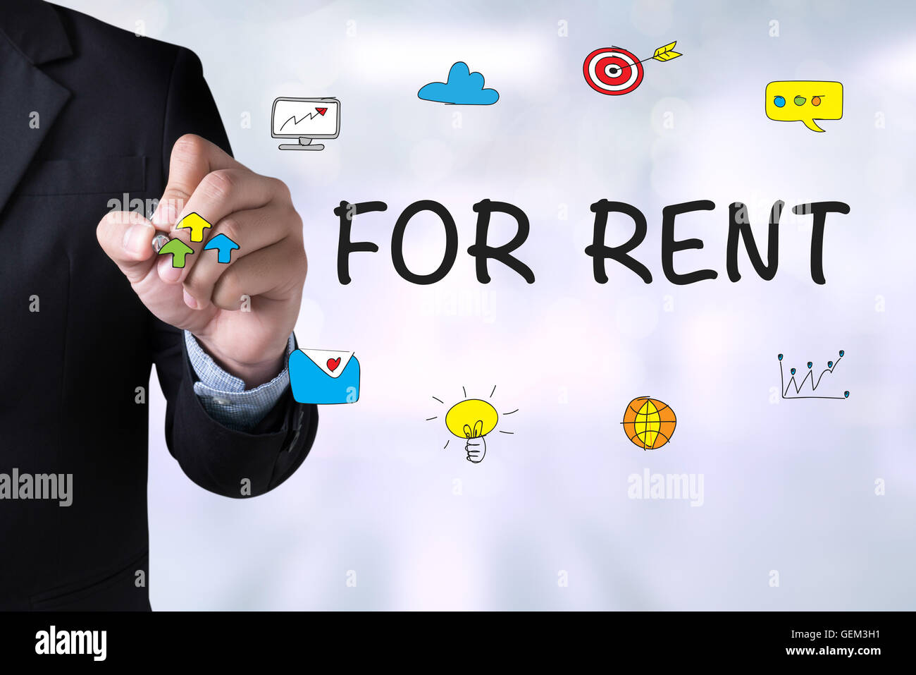 FOR RENT and Businessman drawing Landing Page on blackboard Stock Photo ...
