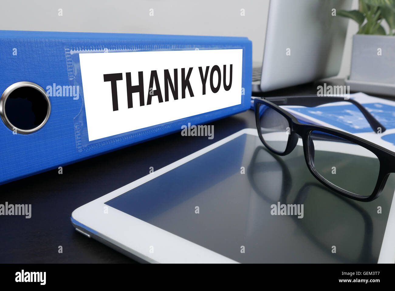 THANK YOU Office folder on Desktop on table with Office Supplies. ipad ...
